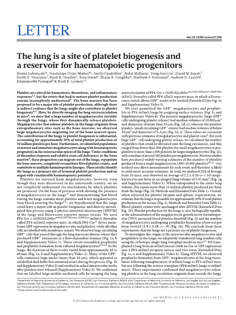 The Lung Is A Site of Platelet Biogenesis and | PDF