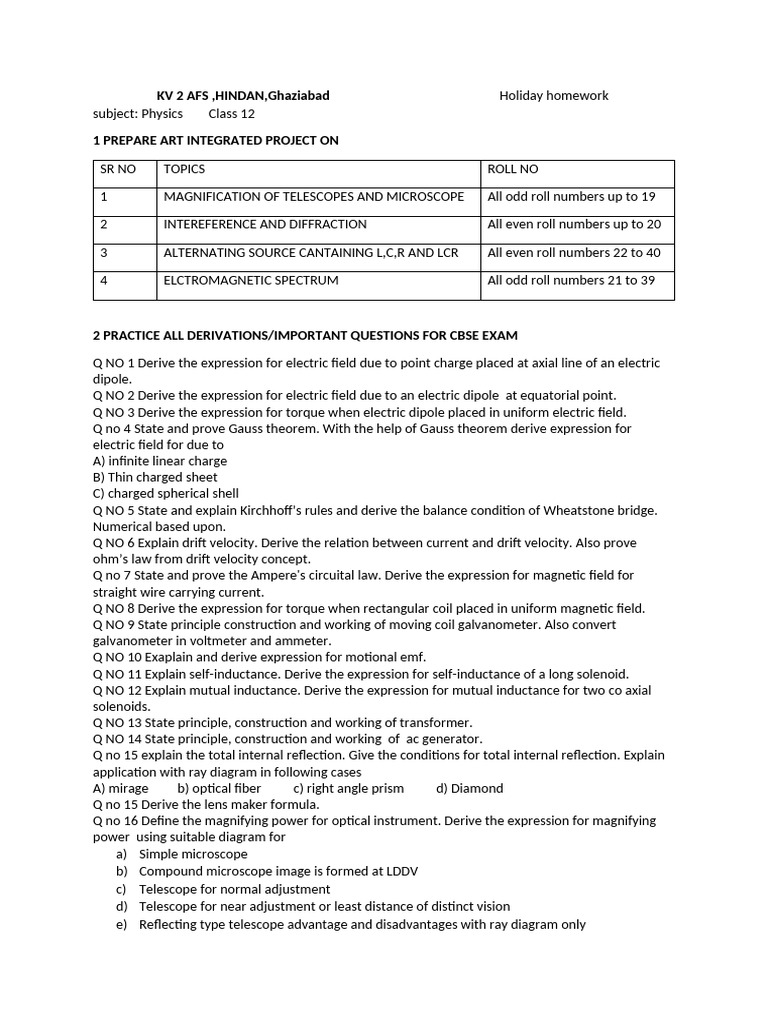 Autumn Break HHW 12 Physics | PDF | Waves | Electromagnetic Radiation