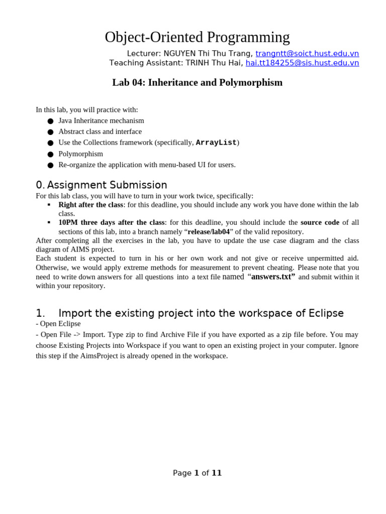 Oop Lab04 Inheritancepolymorphism Pdf Method Computer Programming Class Computer 