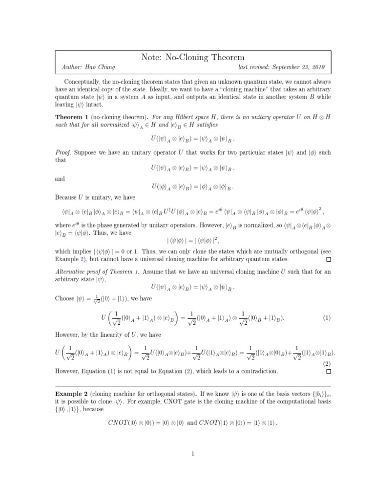 No Cloning Theorem | PDF | Theoretical Physics | Mathematical Concepts