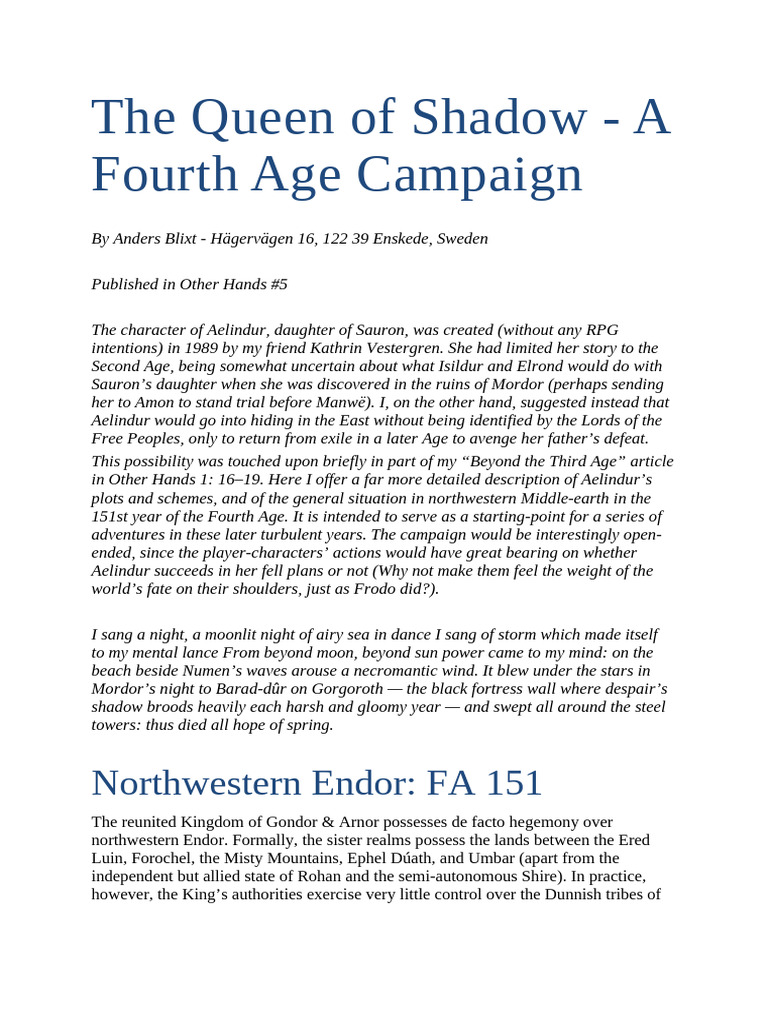 Aelindur's Return: Fourth Age Campaign | PDF | Fantasy | J. R. R. Tolkien