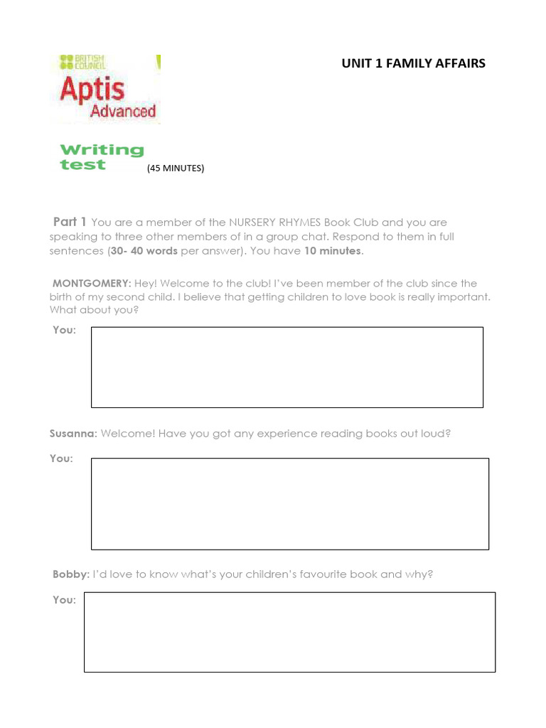Aptis Adv. Writing Unit 1 Family Affairs | PDF
