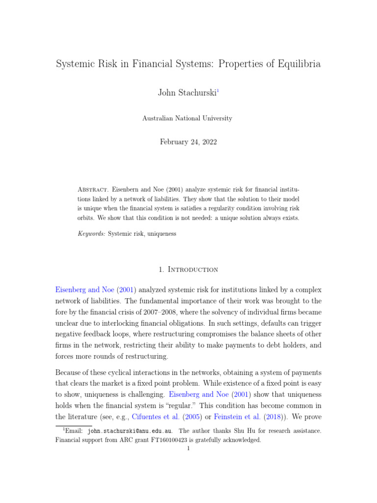 Unique Solutions in Systemic Financial Risk | PDF | Systemic Risk ...