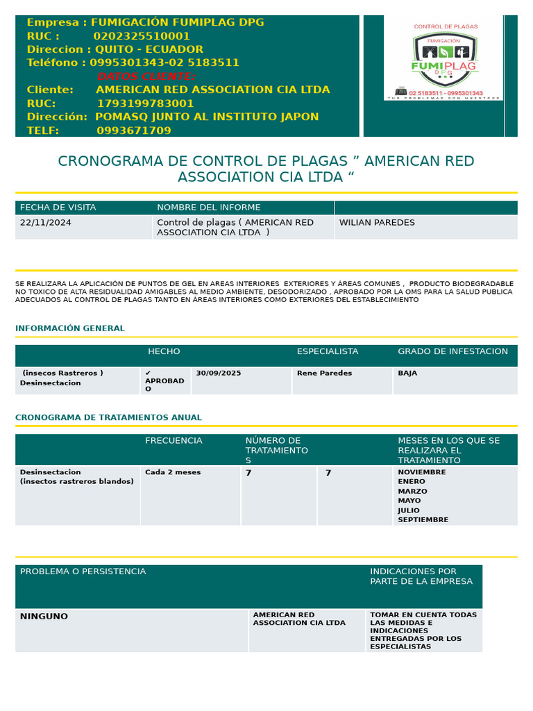 Cronograma de Tratamientos American Red Association Cia Ltda Noviembre ...