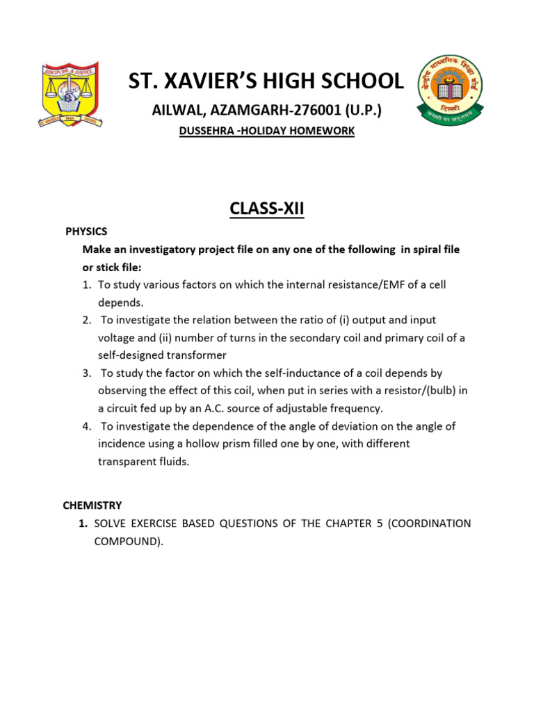 New XII Dussehra Holiday Homework | PDF | Inductor | Transformer