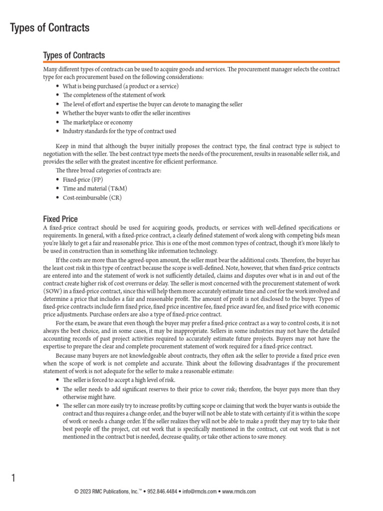 PMI PMP Types of Contracts | PDF | Procurement | Prices