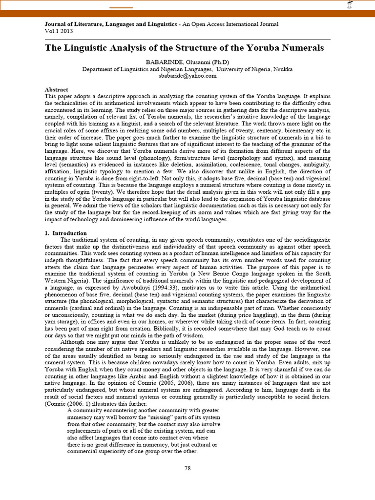 Yoruba Numerals: Linguistic Analysis | PDF | Tone (Linguistics) | Vowel