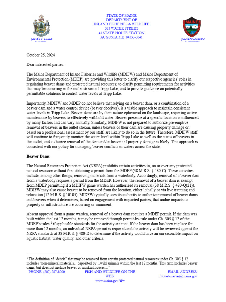 MDIFW and MDEP Letter | PDF | Dam | Beaver