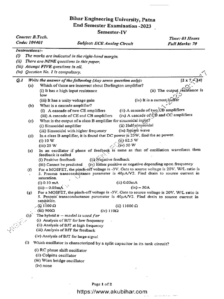 Btech Ece 4 Sem Analog Circuit 104401 2023 | PDF