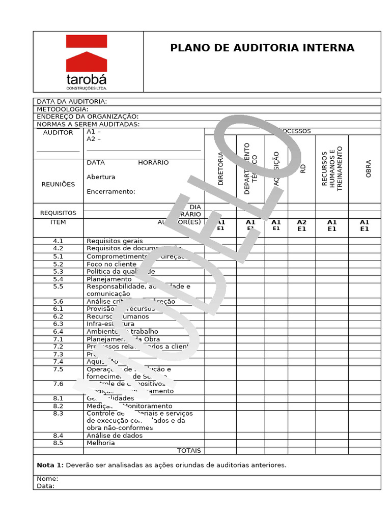Plano de Auditoria Da Qualidade - MODELO | PDF | Business