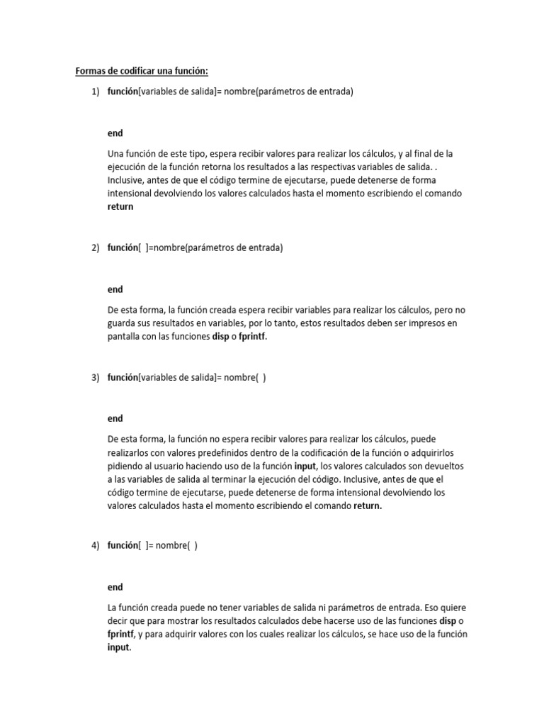 Tipos de Funciones en Matlab | PDF | Variable (informática) | Programación de computadoras