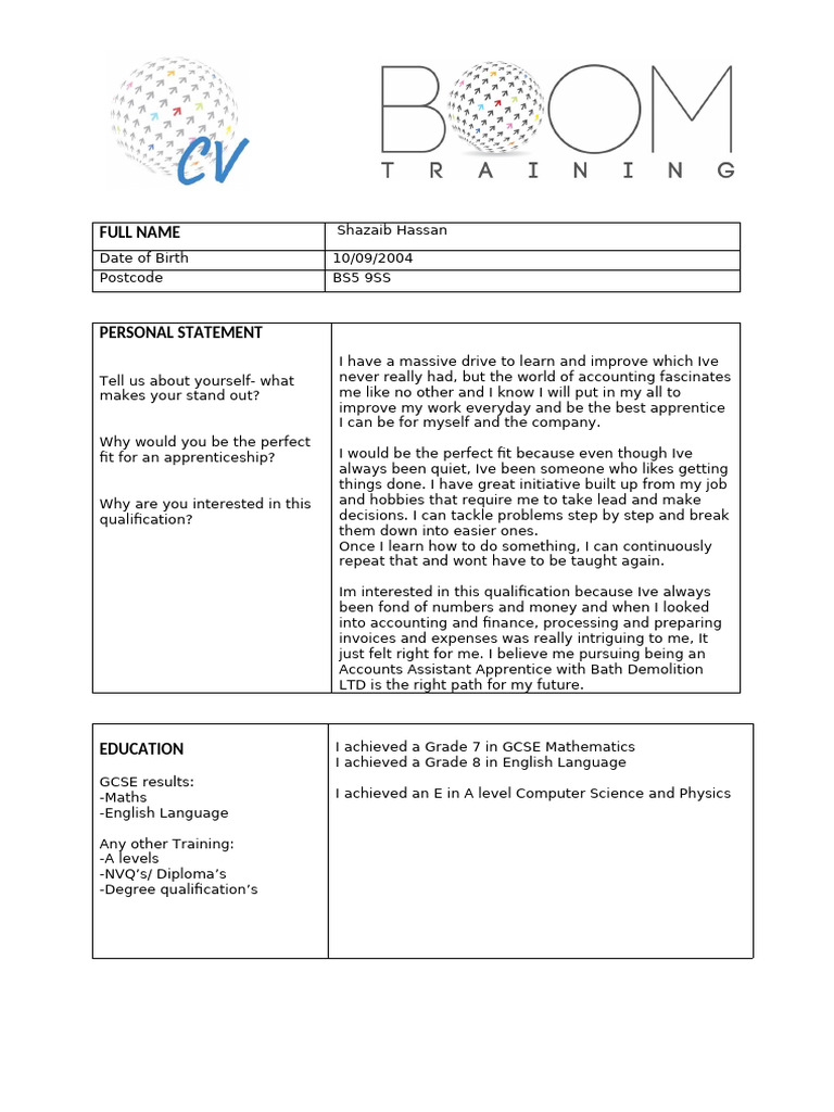 Boom Training Candidate CV Template | PDF | Apprenticeship