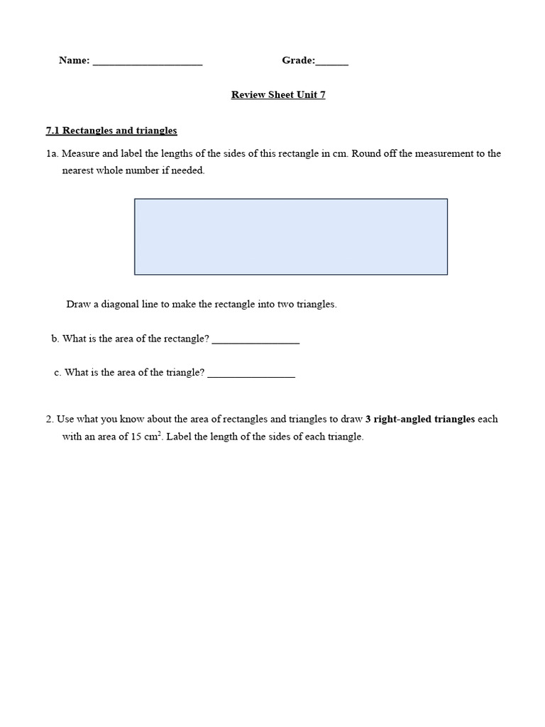 Grade 6 - Review Sheet Unit 7 | PDF | Area | Triangle