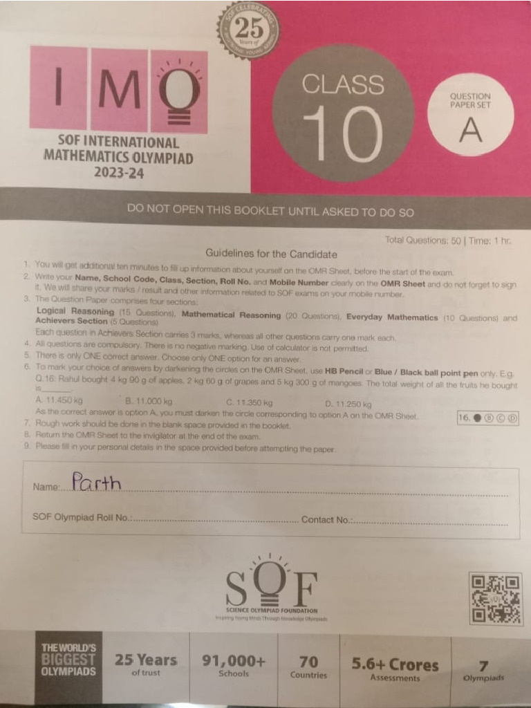 Class 10 IMO 2023-24 (Set-A) | PDF