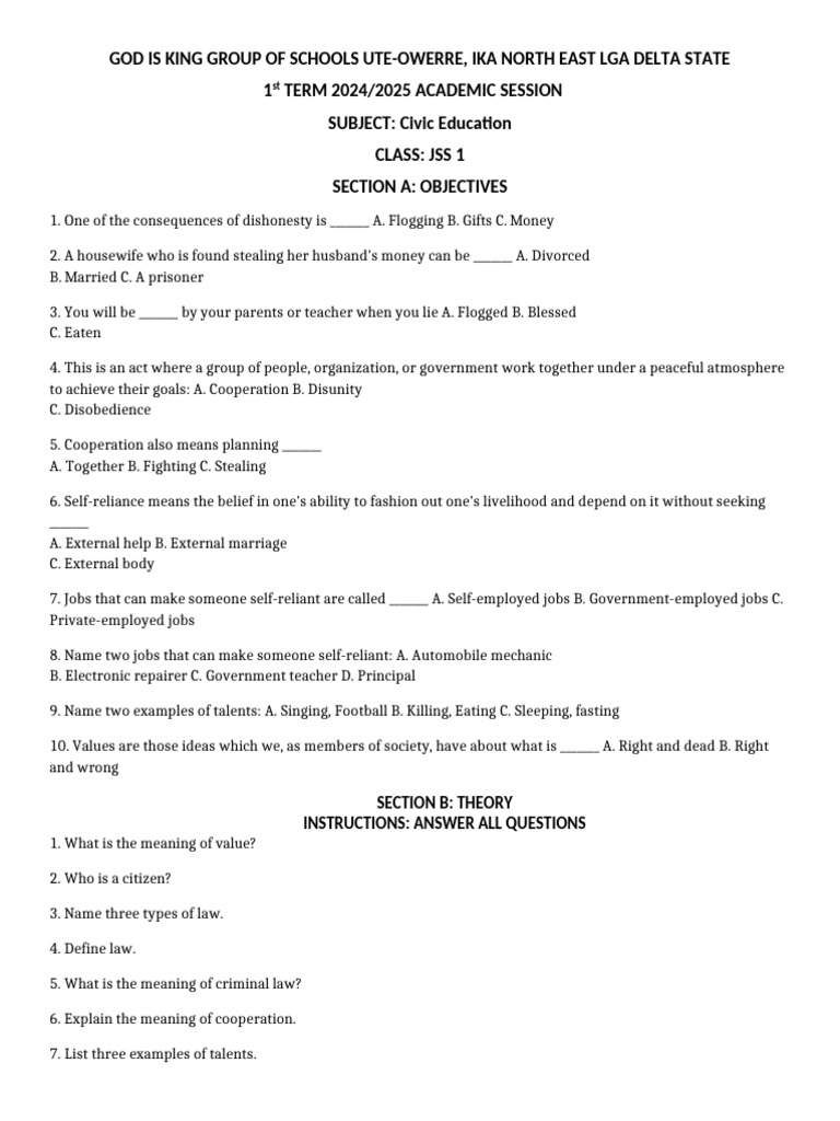 Civic Education for JSS 1 Students | PDF