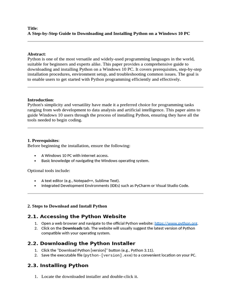 A Step By Step Guide To Installing Python On A Windows 10 Pc By Chatgpt Pdf Python