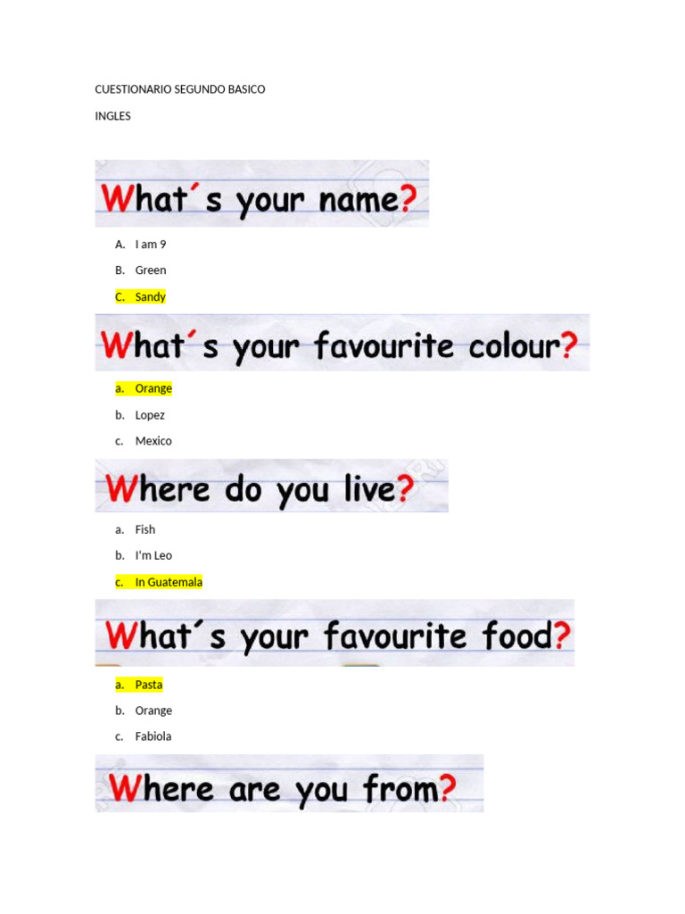 Cuestionario Segundo Basico | PDF