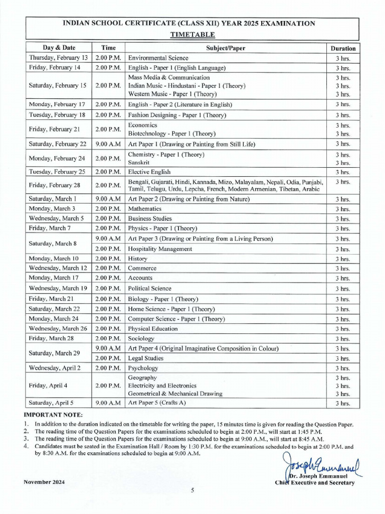 ISC Timetable With Instructions | PDF