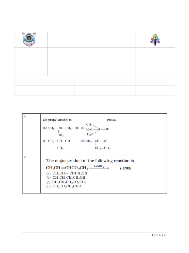 4459956-Class 12 - Chemistry - Alcohols Phenols and Ethers - WS With ...