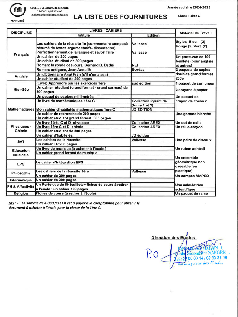 Liste Des Fournitures 1ere C | PDF