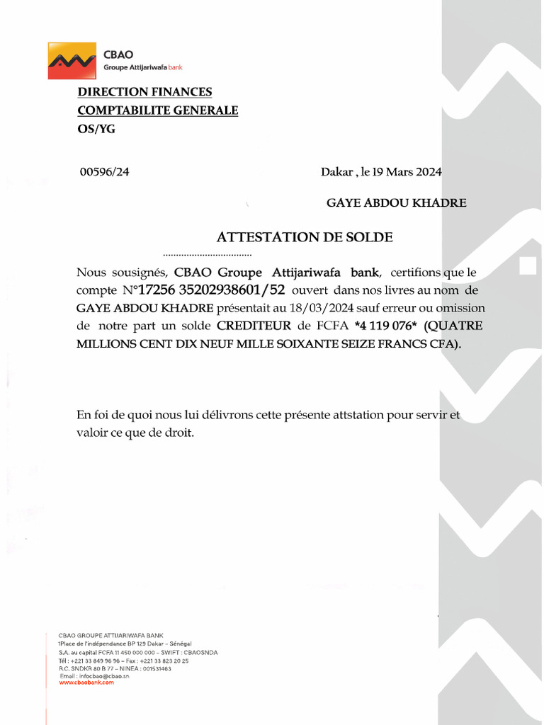 Attestation de Solde Model | PDF