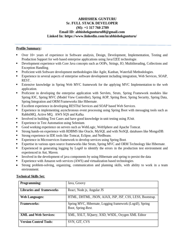 Abhishek Senior Full Stack Developer | PDF | Angular Js | Spring Framework