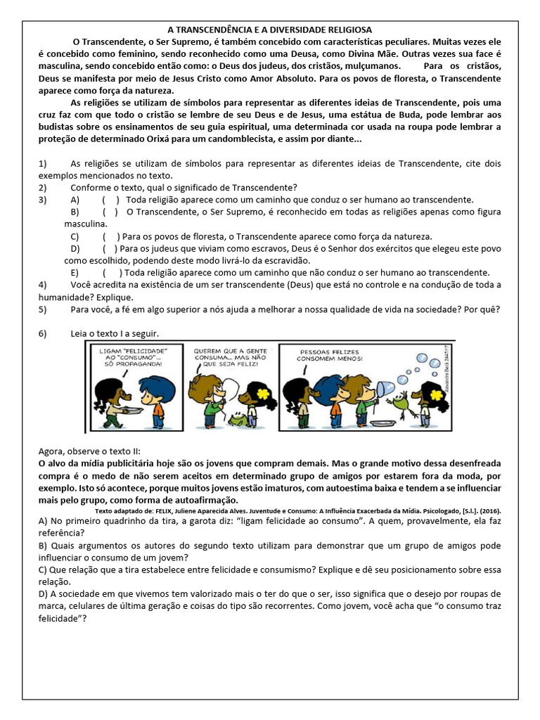 Atividade Avaliativa 9 Ano Imanência e Transcendência | PDF ...