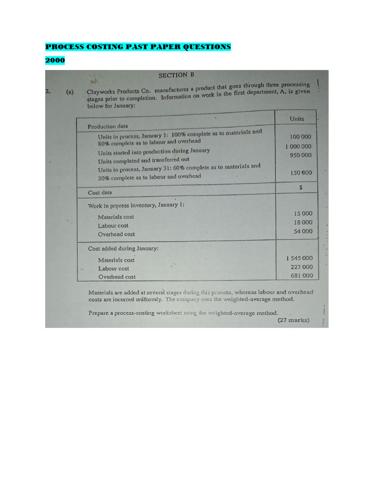 PROCESS COSTING Past Papers For Worksheet | PDF