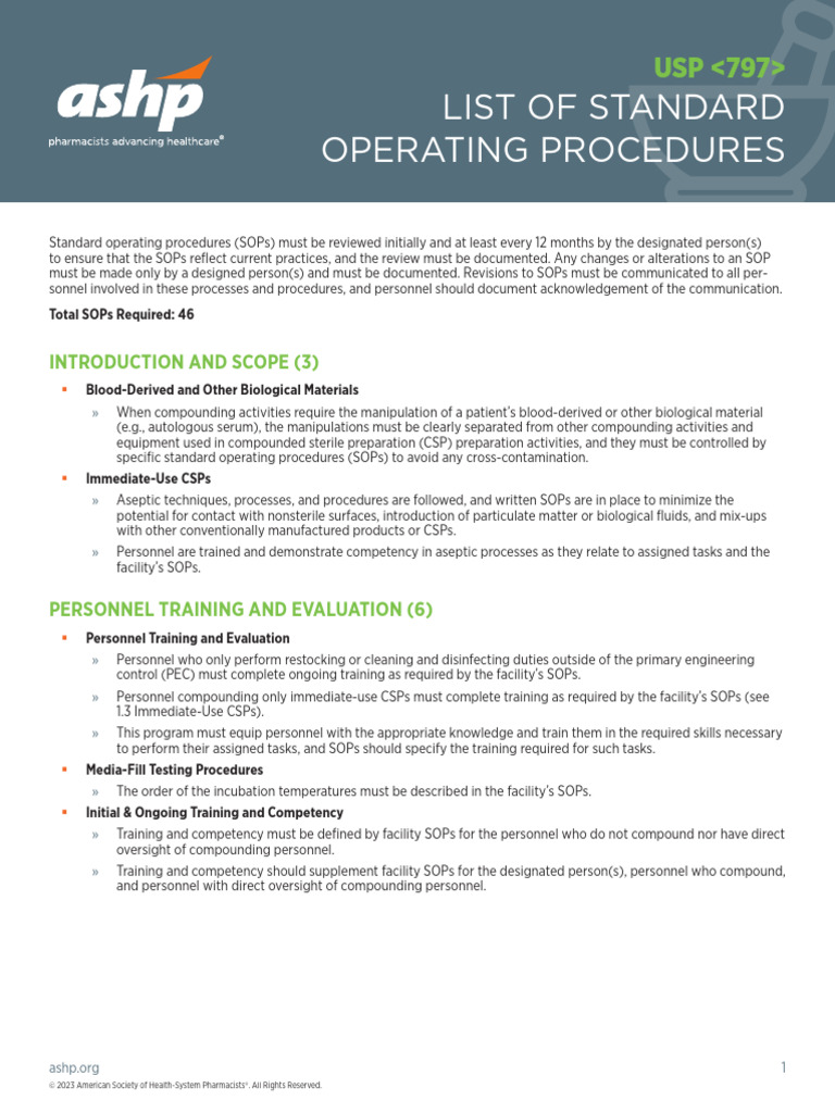 USP 797 List of Standard Operating Procedures | PDF | Sterilization ...