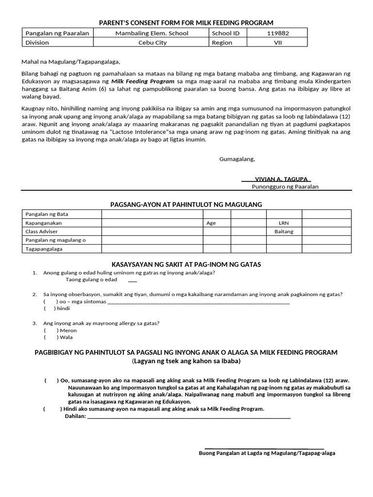 Parents Waiver For Milk Feeding | PDF