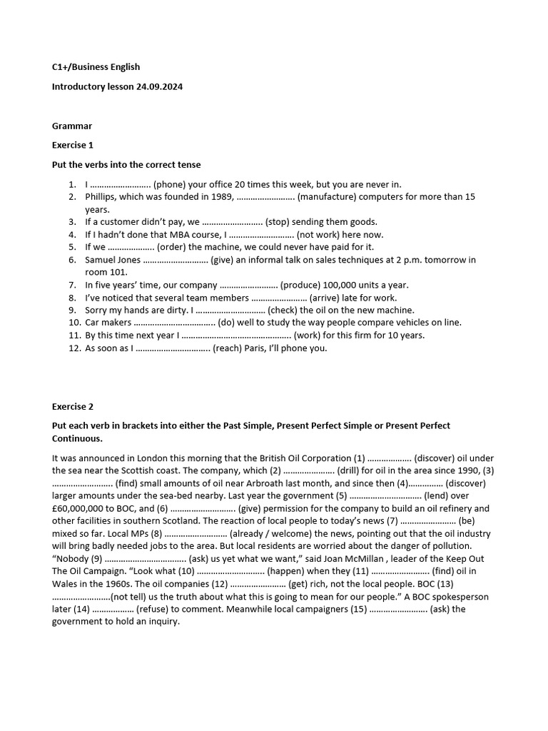 C1+ Business English Introductory Exercises | PDF | Workweek And ...