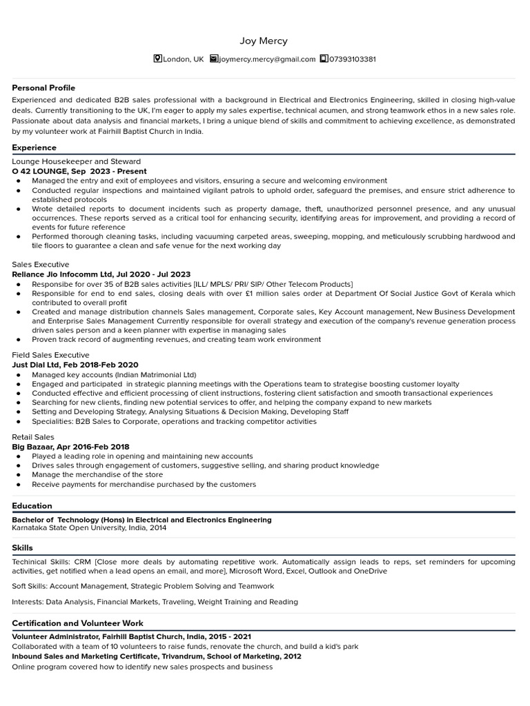 Joy Mercy CV | PDF | Sales | Marketing