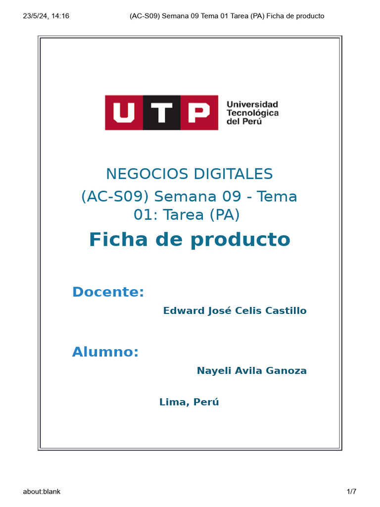 (AC-S09) Semana 09 Tema 01 Tarea (PA) Ficha de Producto | PDF