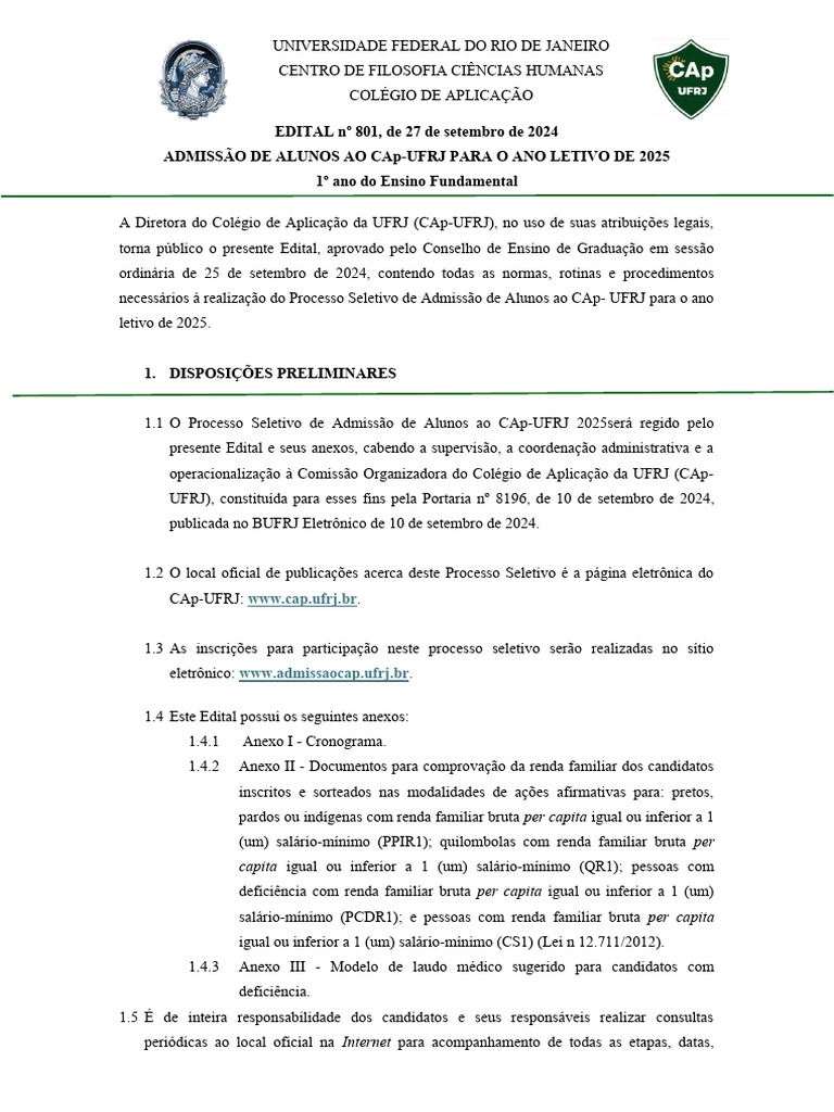 Edital de Inscrição CAp-UFRJ 2025 | PDF | Salário mínimo | Science