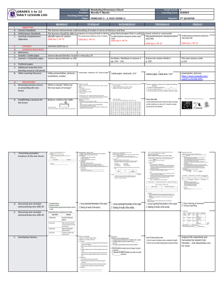 DLL - Science 5 - Q3 - W1 | PDF | Teachers | Learning