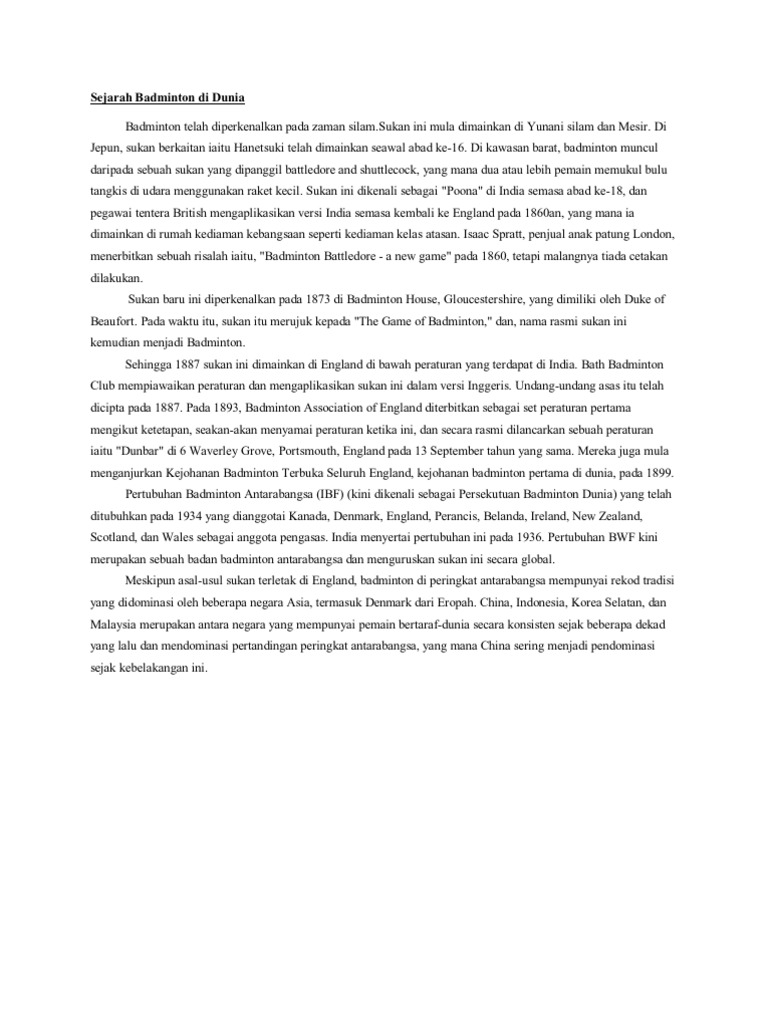 Sejarah Badminton Di Dunia | PDF
