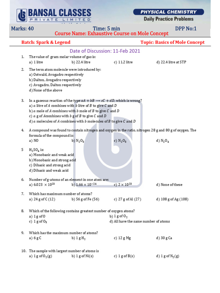 DPP1 Exhaustive Mole Concept | PDF | Mole (Unit) | Chemistry