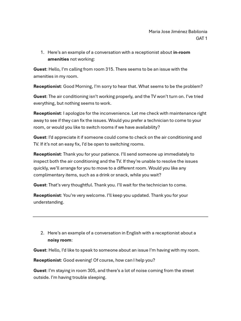 Hotel Receptionist Guest Conversations | PDF