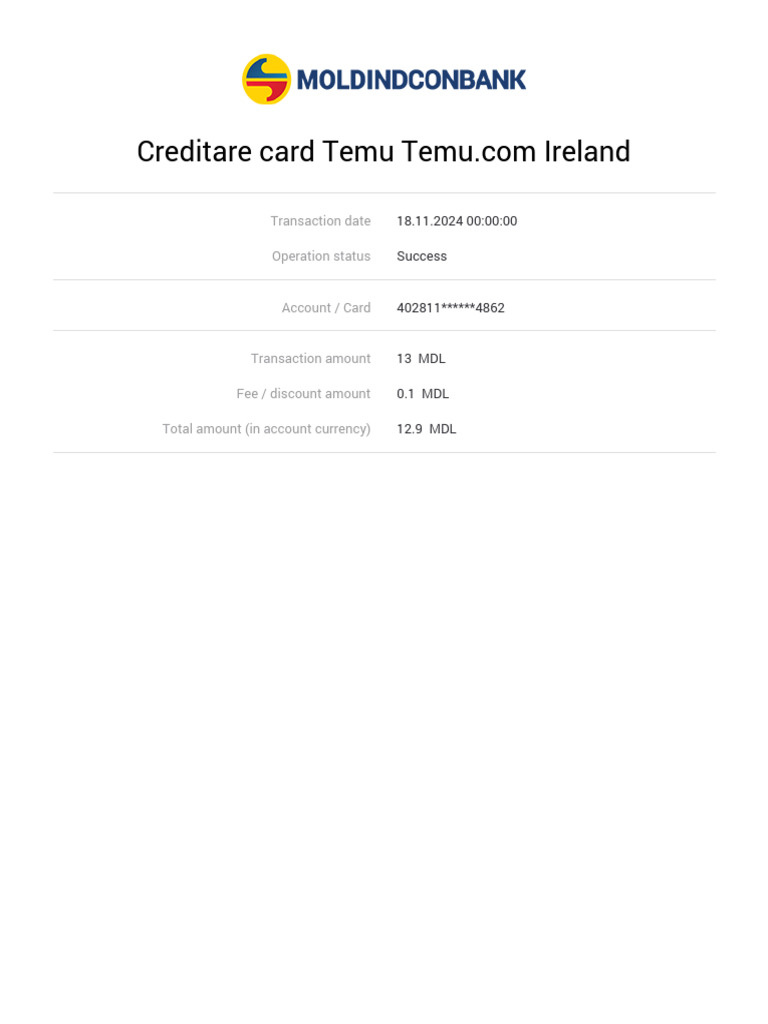 Successful Temu.com Card Transaction | PDF