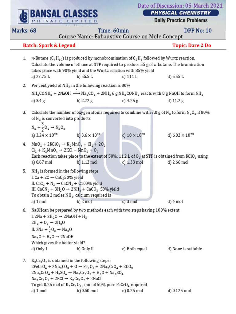 DPP10 Exhaustive Mole Concept | PDF | Hydrochloric Acid | Chlorine
