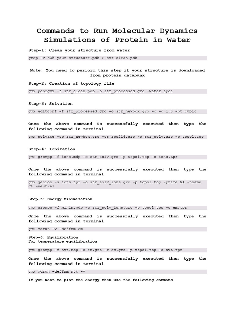 Commands To Run MD Simulation of Protein in Water | PDF