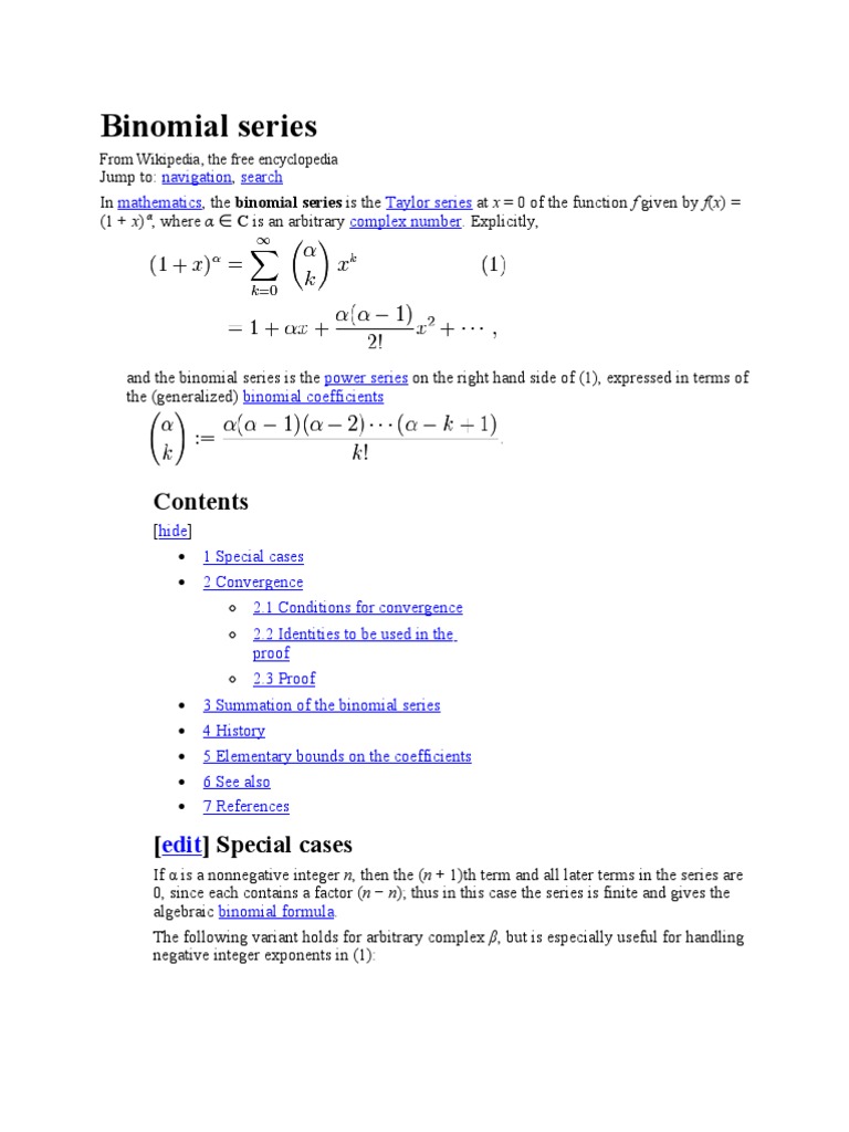 Binomial Series: From Wikipedia, The Free Encyclopedia | PDF ...