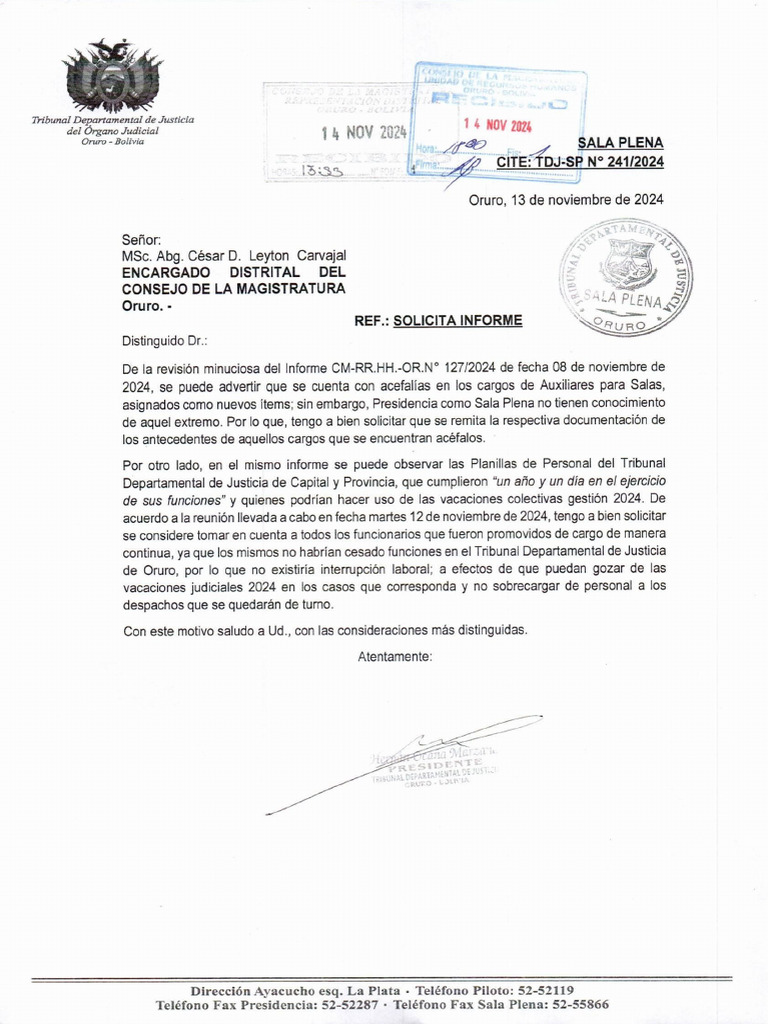 NOTA DE SOLICITUD DE SALA PLENA CITE TDJ-SP No. 241-2024 | PDF