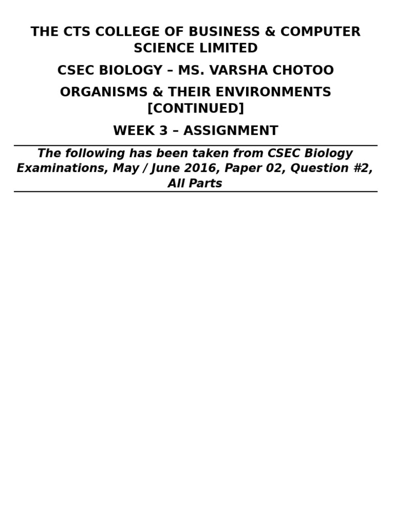 Week 3 Assignment Worksheet Organisms and Their Environments | PDF