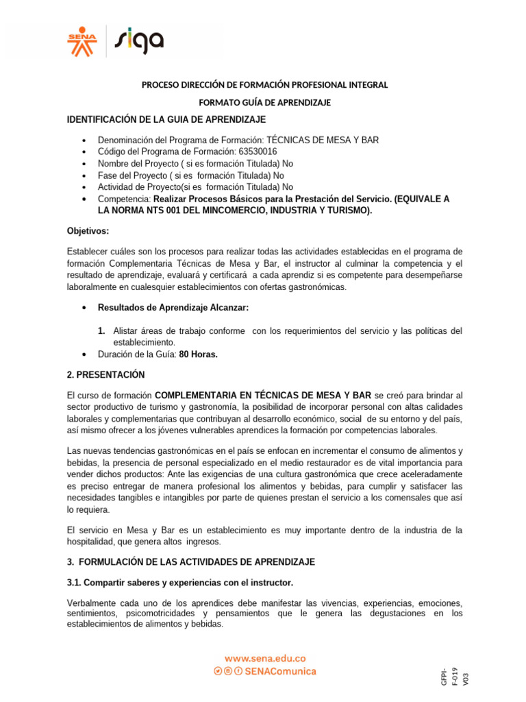 GFPI-F-019 - GUIA - DE - APRENDIZAJE TÉCNICAS DE MESA Y BAR COMPLEMENTARIA Sena | PDF | Cócteles