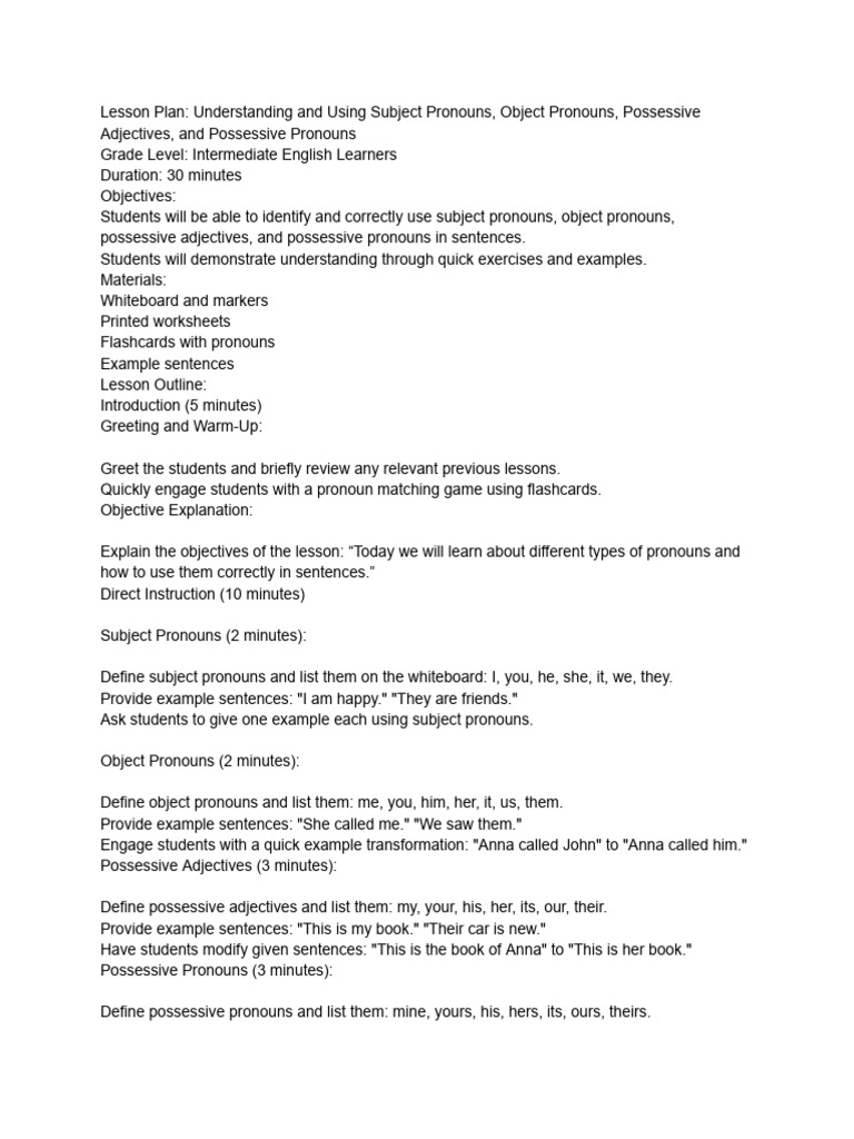 Lesson Plan - Pronouns | PDF | Pronoun | Noun