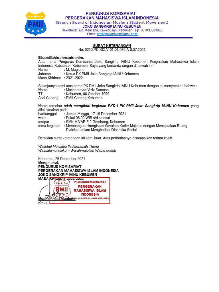 Surat Keterangan PKD PMII Kebumen 2021 | PDF