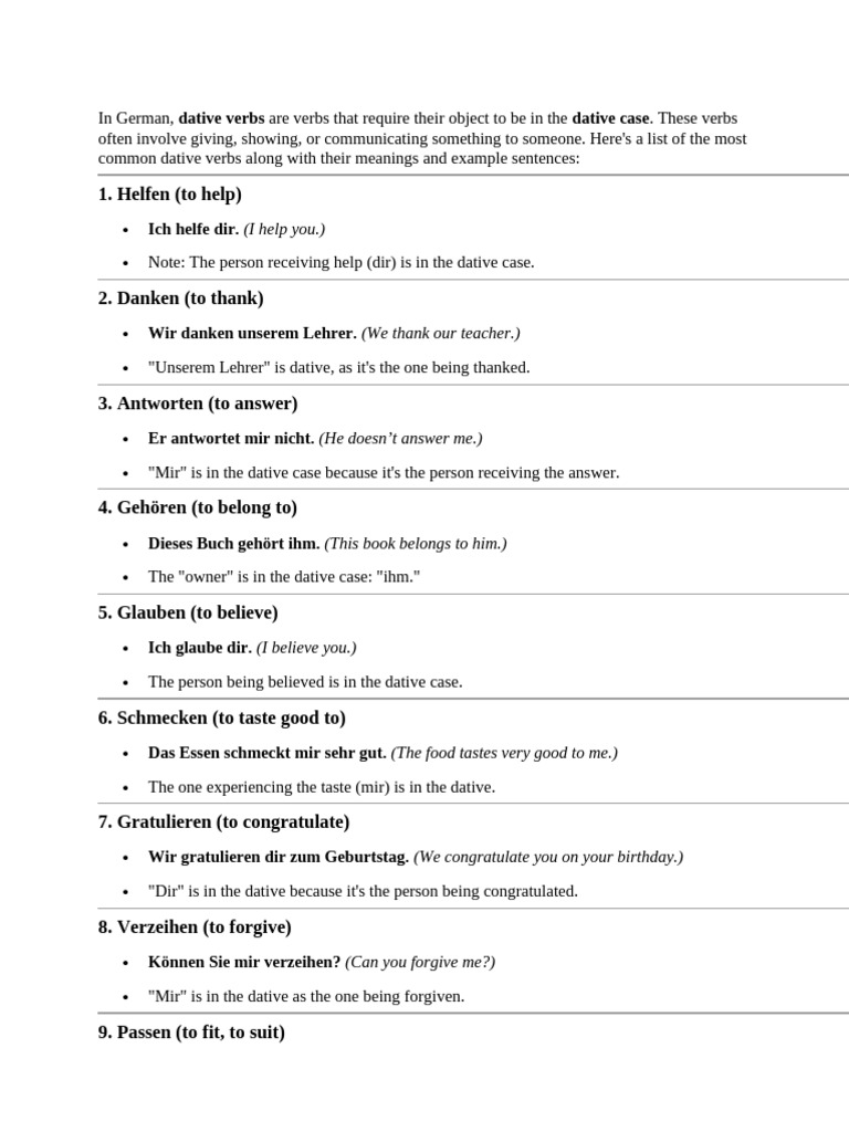 Common German Dative Verbs Explained | PDF | Linguistics | Morphology