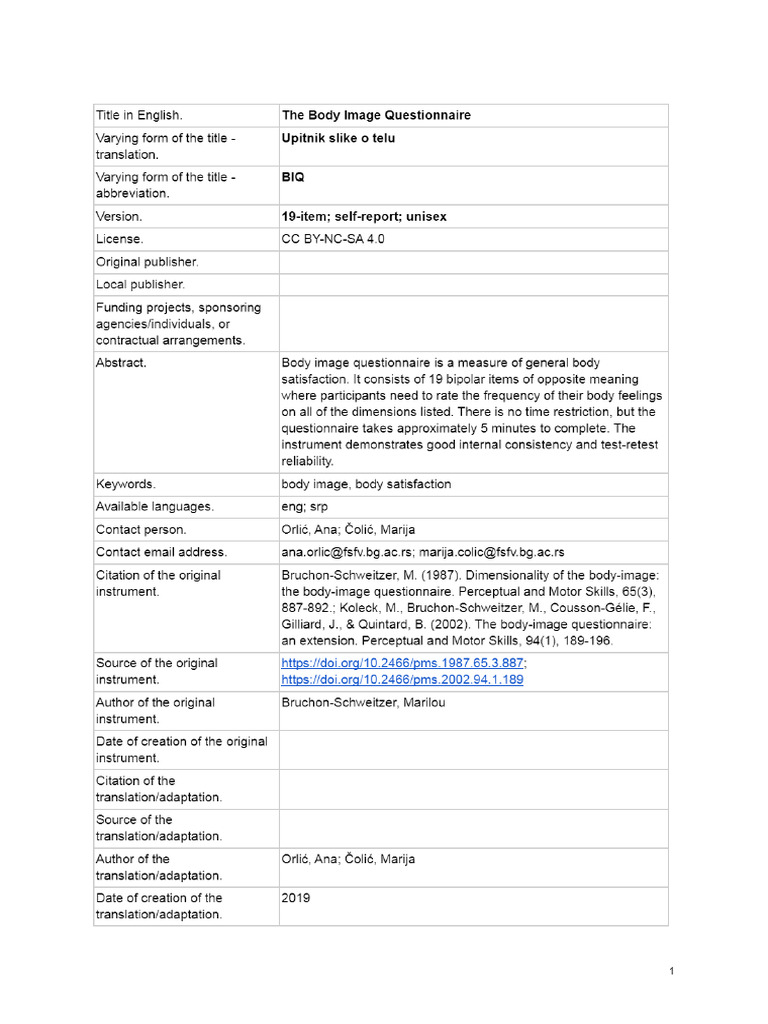 The Body-Image Questionnaire | PDF