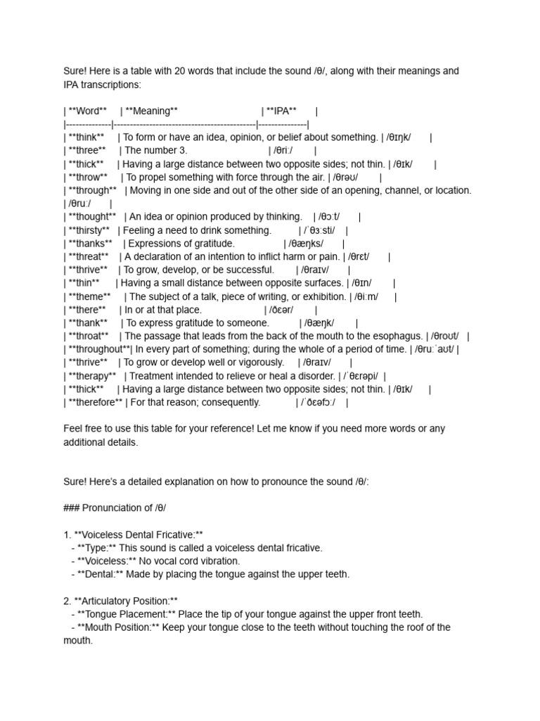 Mastering the /θ/ Sound: Words & Tips | PDF | Mouth | Phonetics
